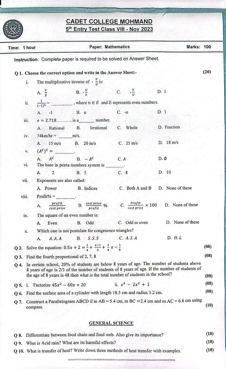 Class VIII past papers – Cadet College Mohmand, Muhammad GAT